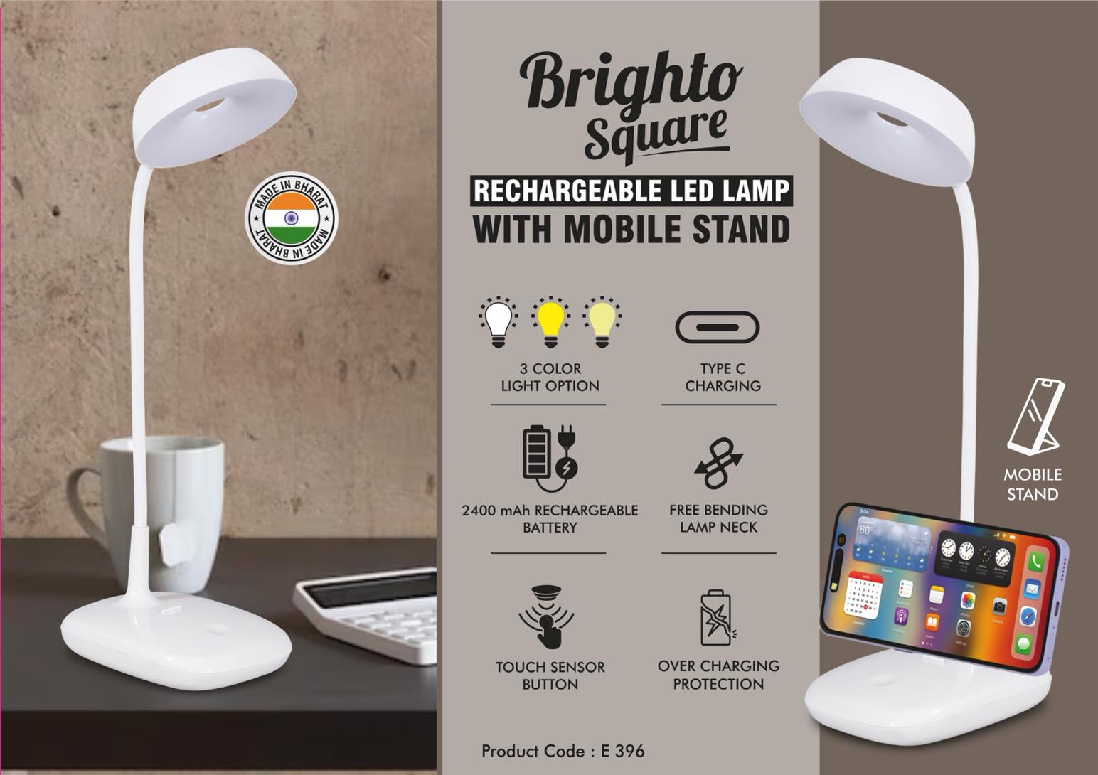 E396 – Brighto Square: Rechargeable LED Lamp with Mobile stand | Large ...